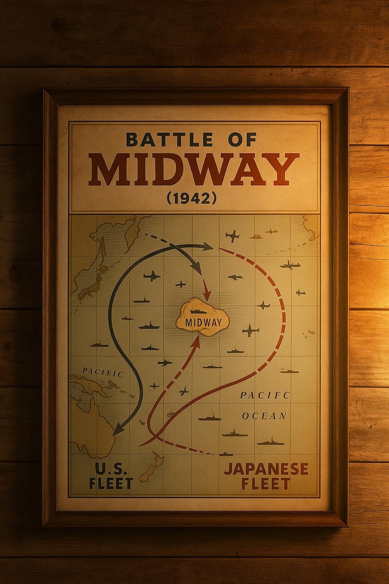 Battle of Midway WWII Map Poster – Vintage Infographic Wall Art | World ...