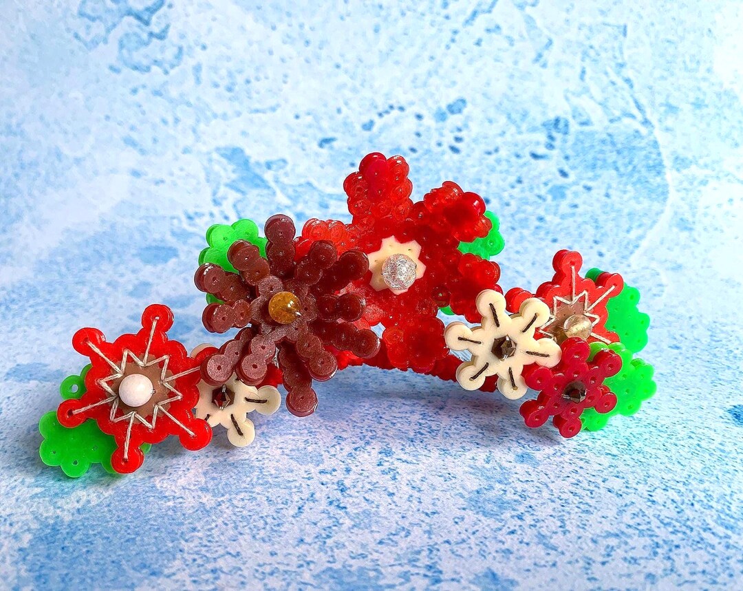 Red Perler Bead Flower Hair Comb: Crystal Accents, Velvet Ribbon - Etsy