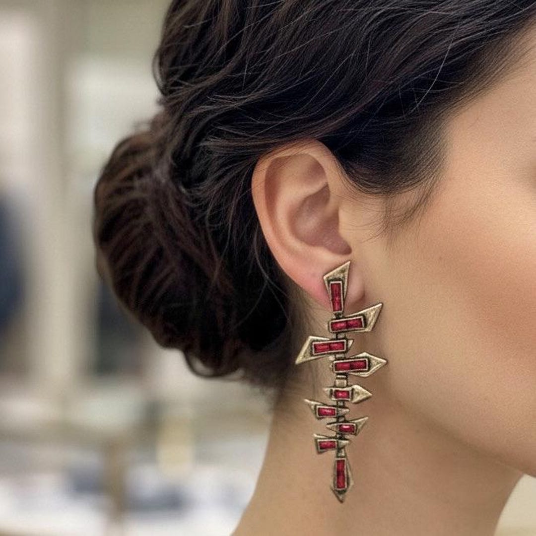 Geometric Red Stone Drop Earrings – Vintage Gold Statement Jewelry - Etsy
