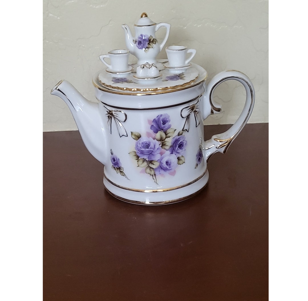 Fielder Keepsakes Fine Porcelain Teapot With Tea Set Lid Purple Rose ...