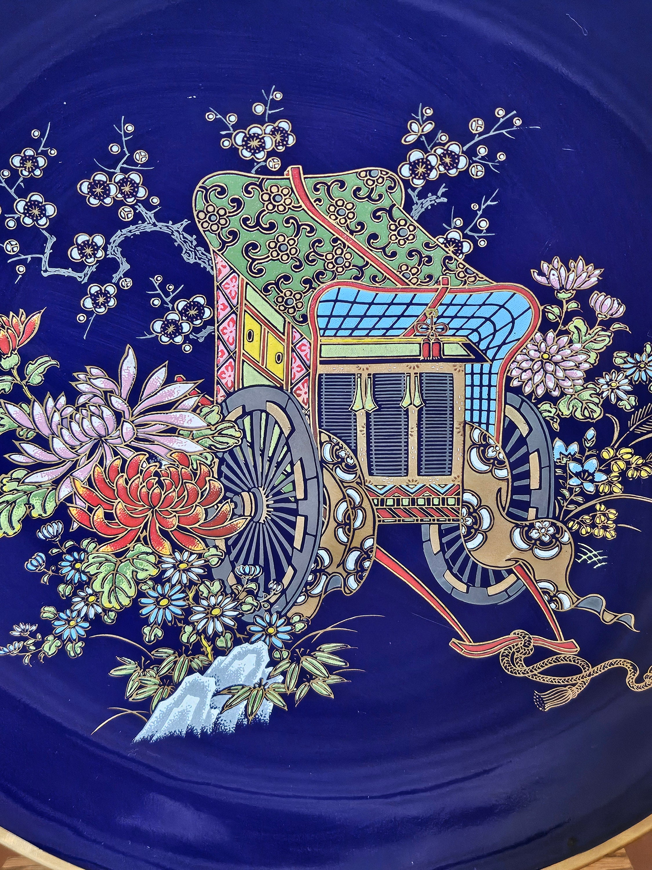 Vintage Cobalt Blue Kutani Japan Plate Rickshaw Carriage Floral Hand ...