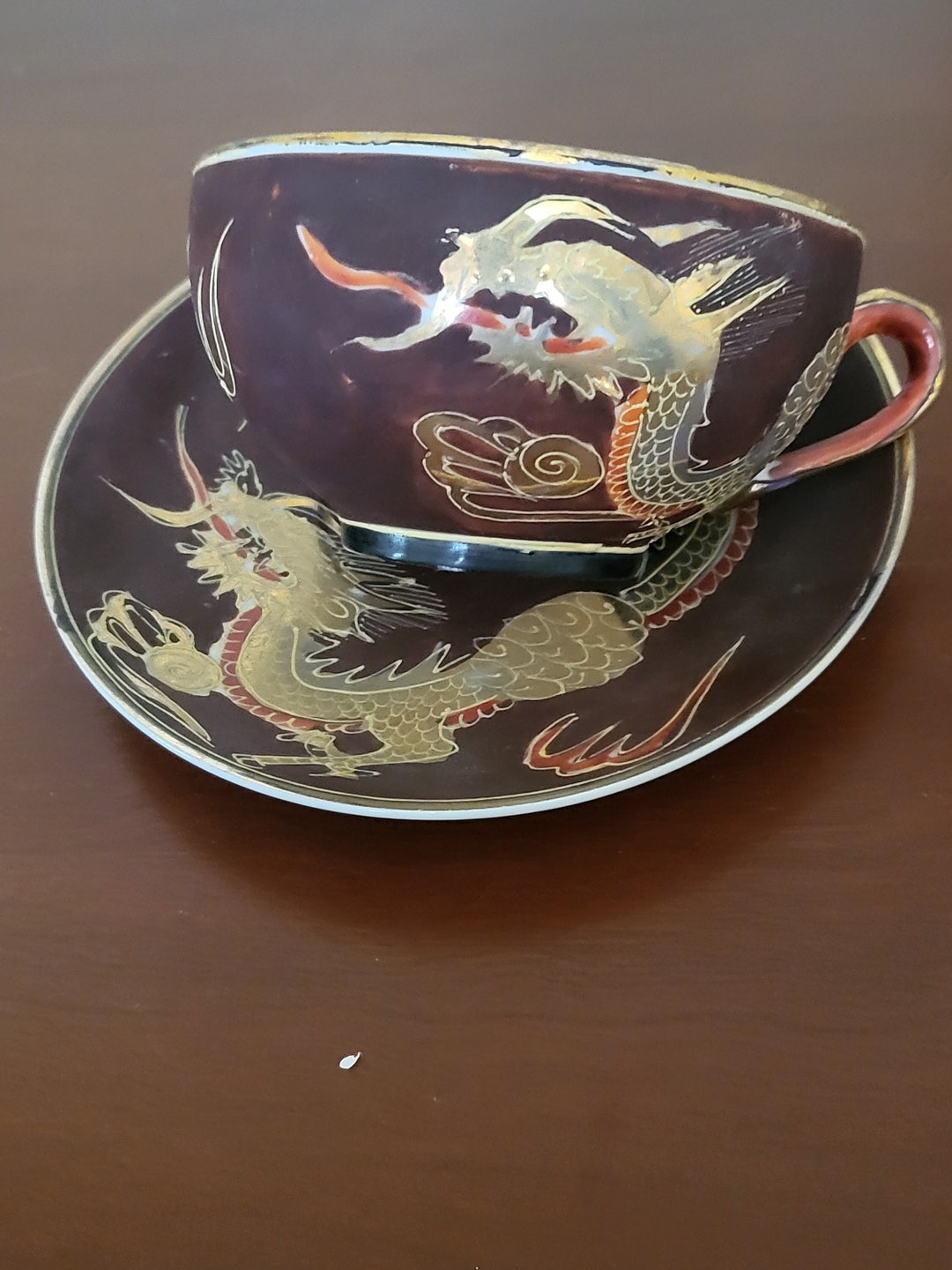 Vintage Oriental Asian Hand Painted Red Gold Dragon Tea Cup With ...