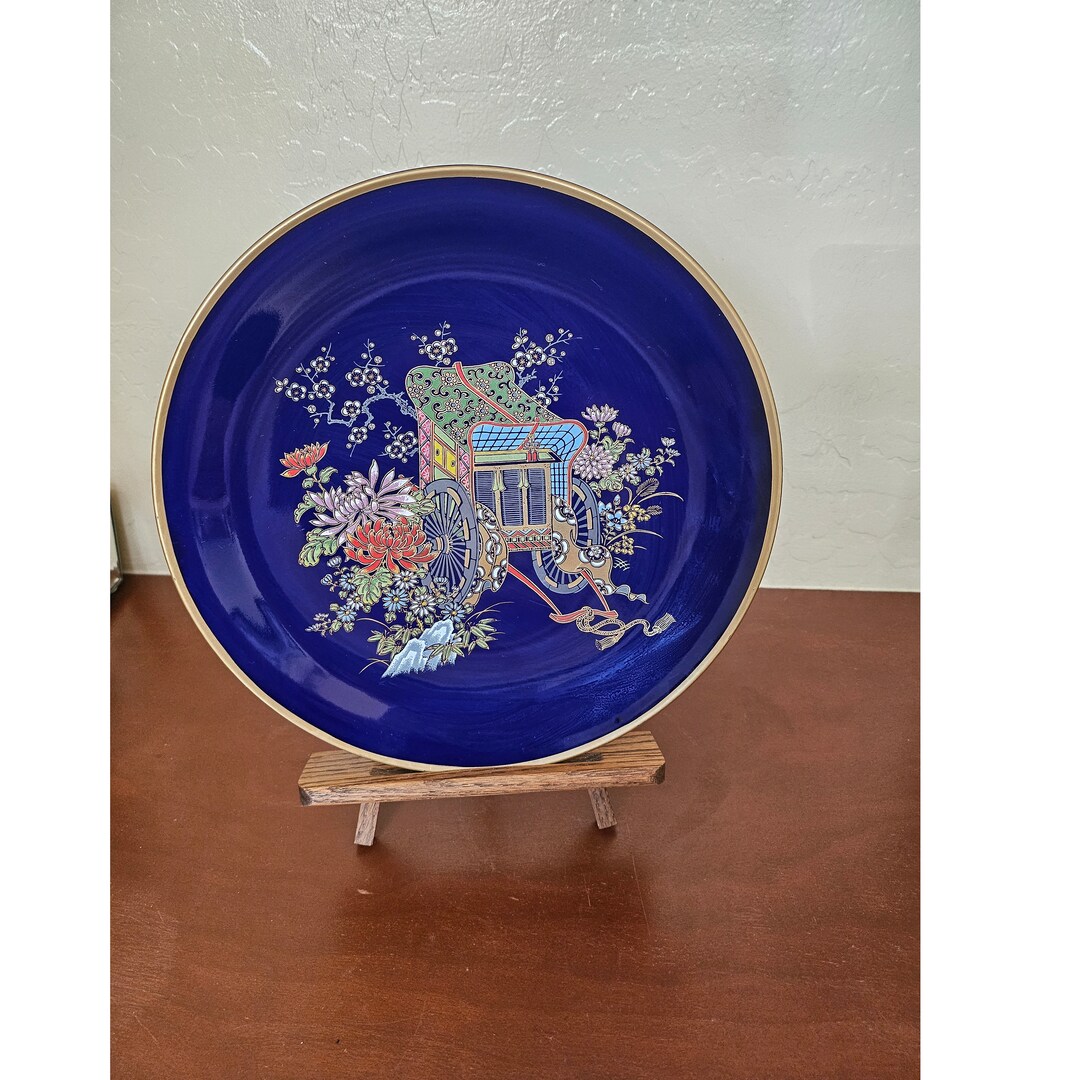 Vintage Cobalt Blue Kutani Japan Plate Rickshaw Carriage Floral Hand ...
