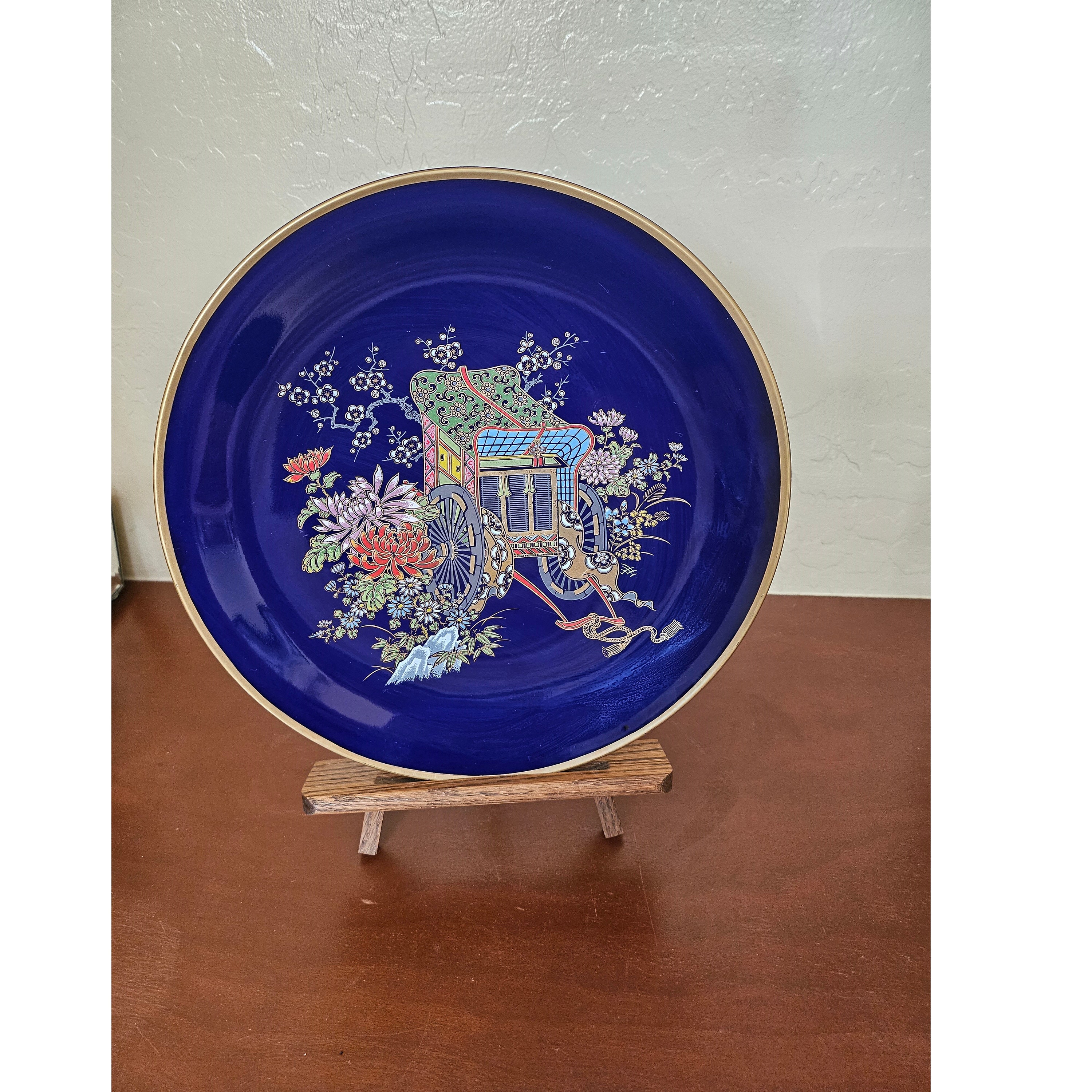 Vintage Cobalt Blue Kutani Japan Plate Rickshaw Carriage Floral Hand ...