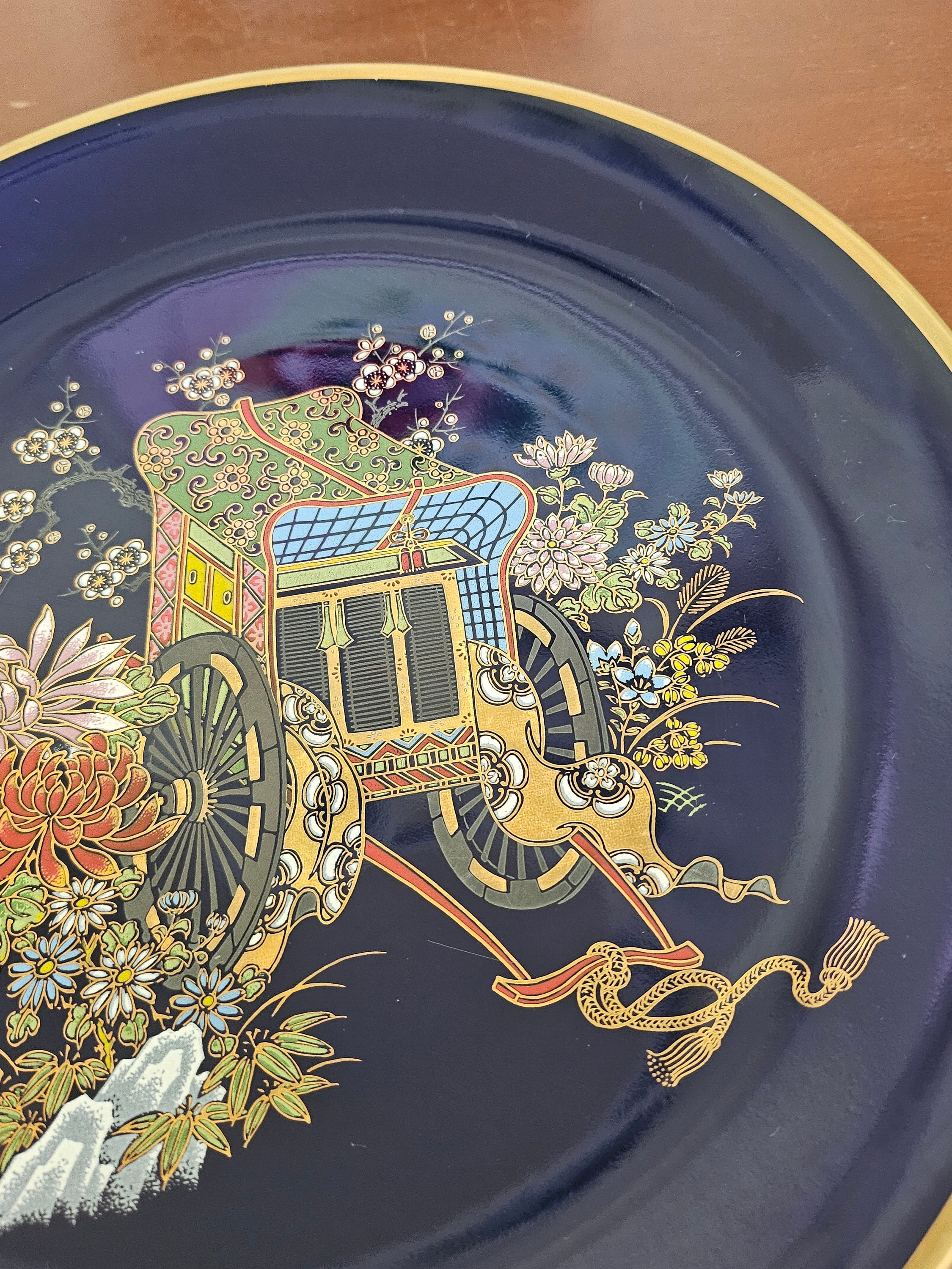 Vintage Cobalt Blue Kutani Japan Plate Rickshaw Carriage Floral Hand ...