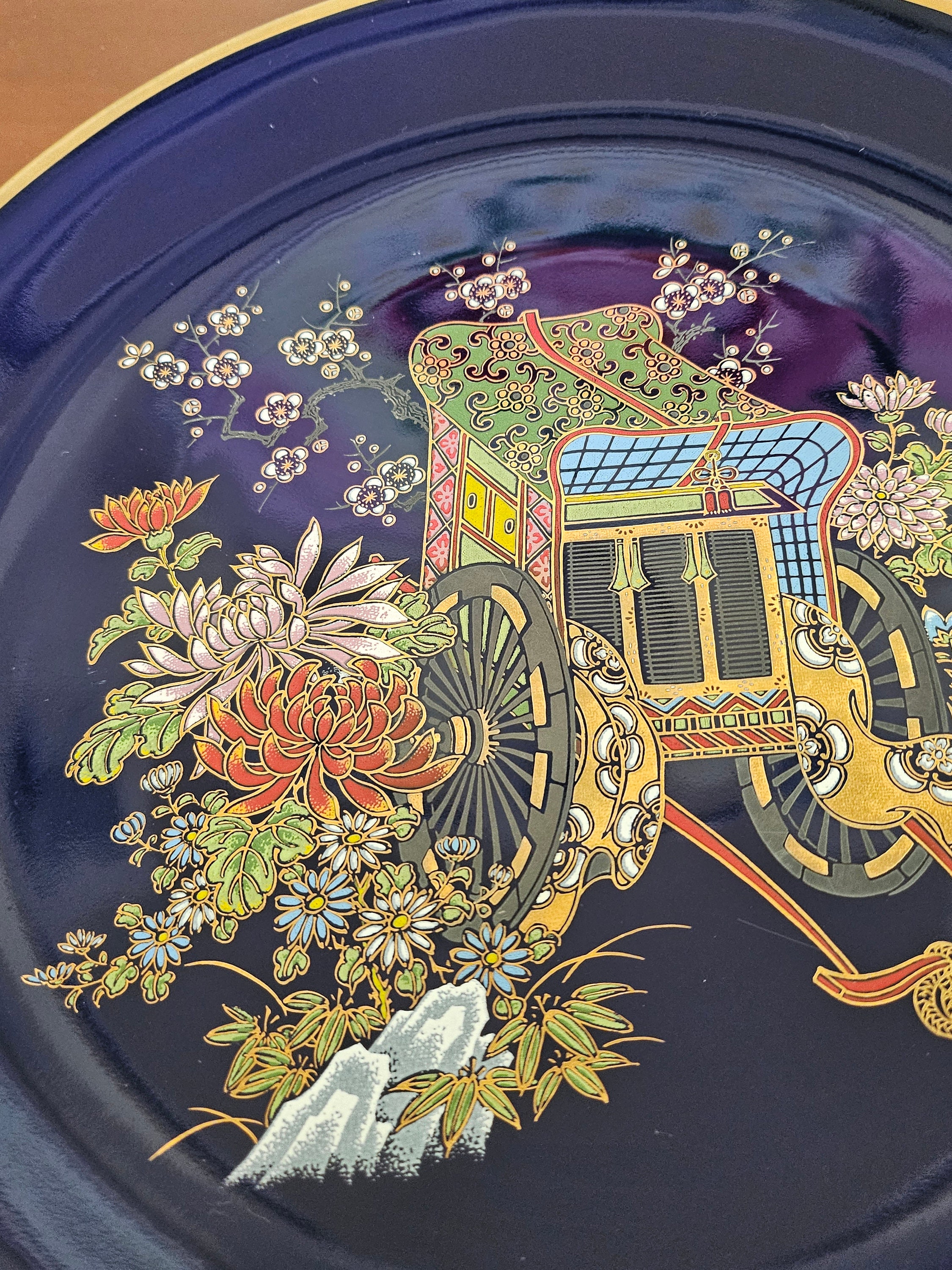Vintage Cobalt Blue Kutani Japan Plate Rickshaw Carriage Floral Hand ...
