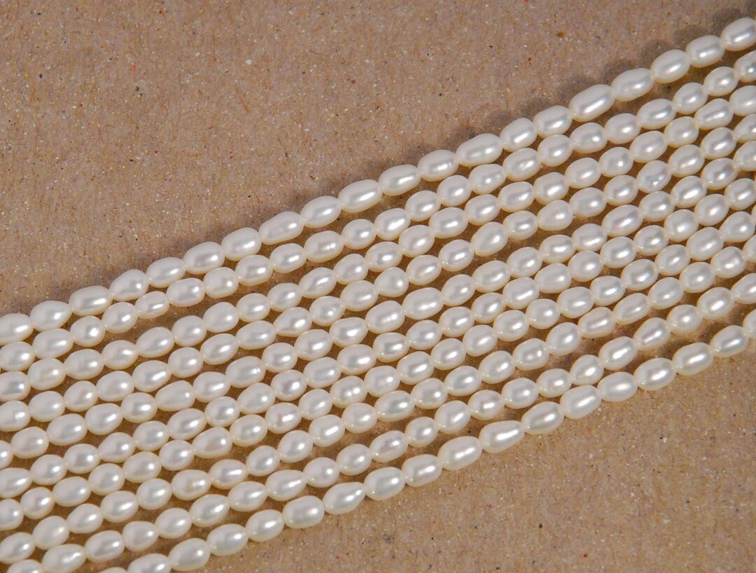 Full 15 Inch Strand: 5mm Tiny Rice Shape Fresh Water Pearls, Natural ...
