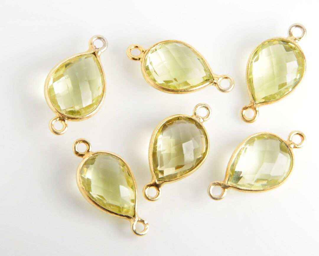 2 Pcs: Natural Lemon Quartz Gemstone Bezel Connector, Faceted Flat Pear ...