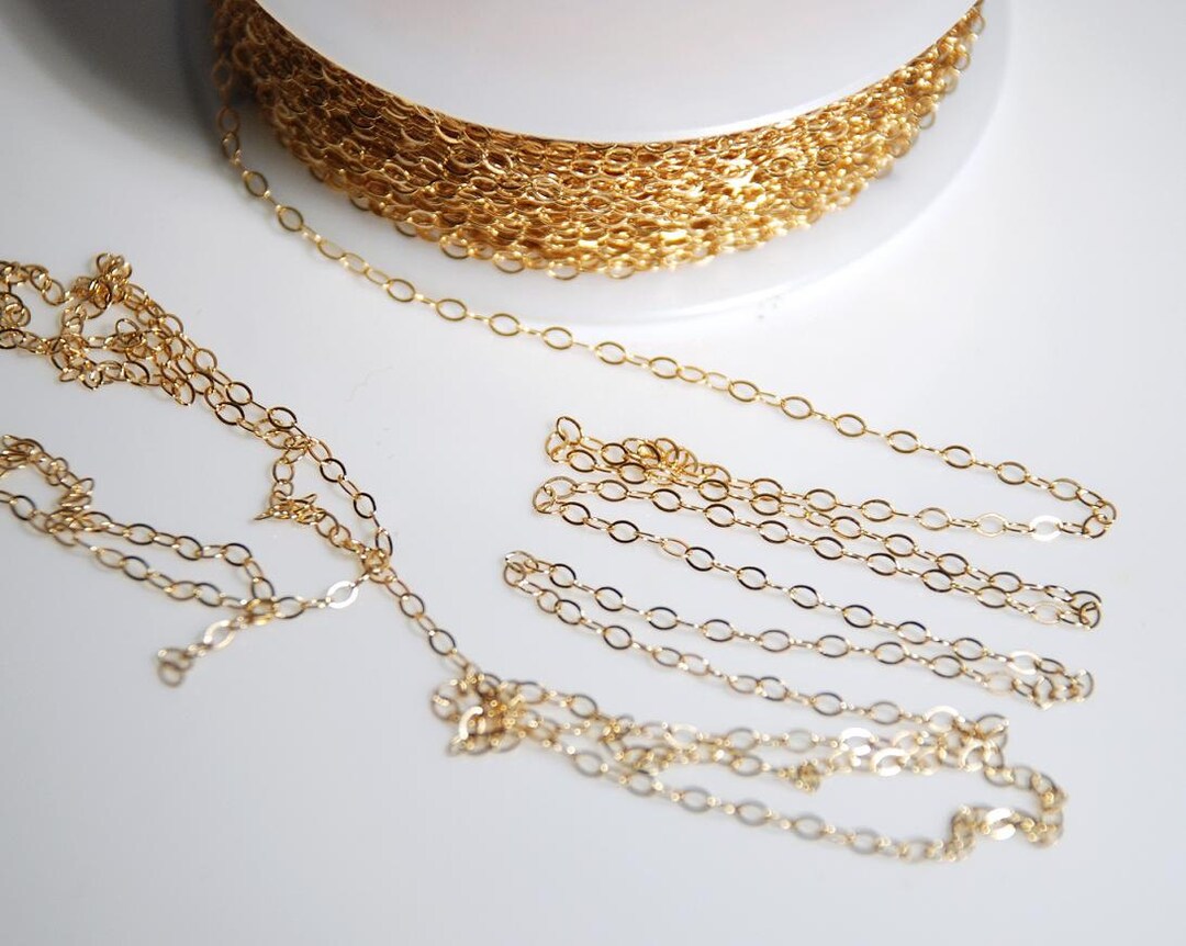 14K Gold Filled Chain, Flat Cable Chain for Jewelry Making, 1.5mm X 2mm ...
