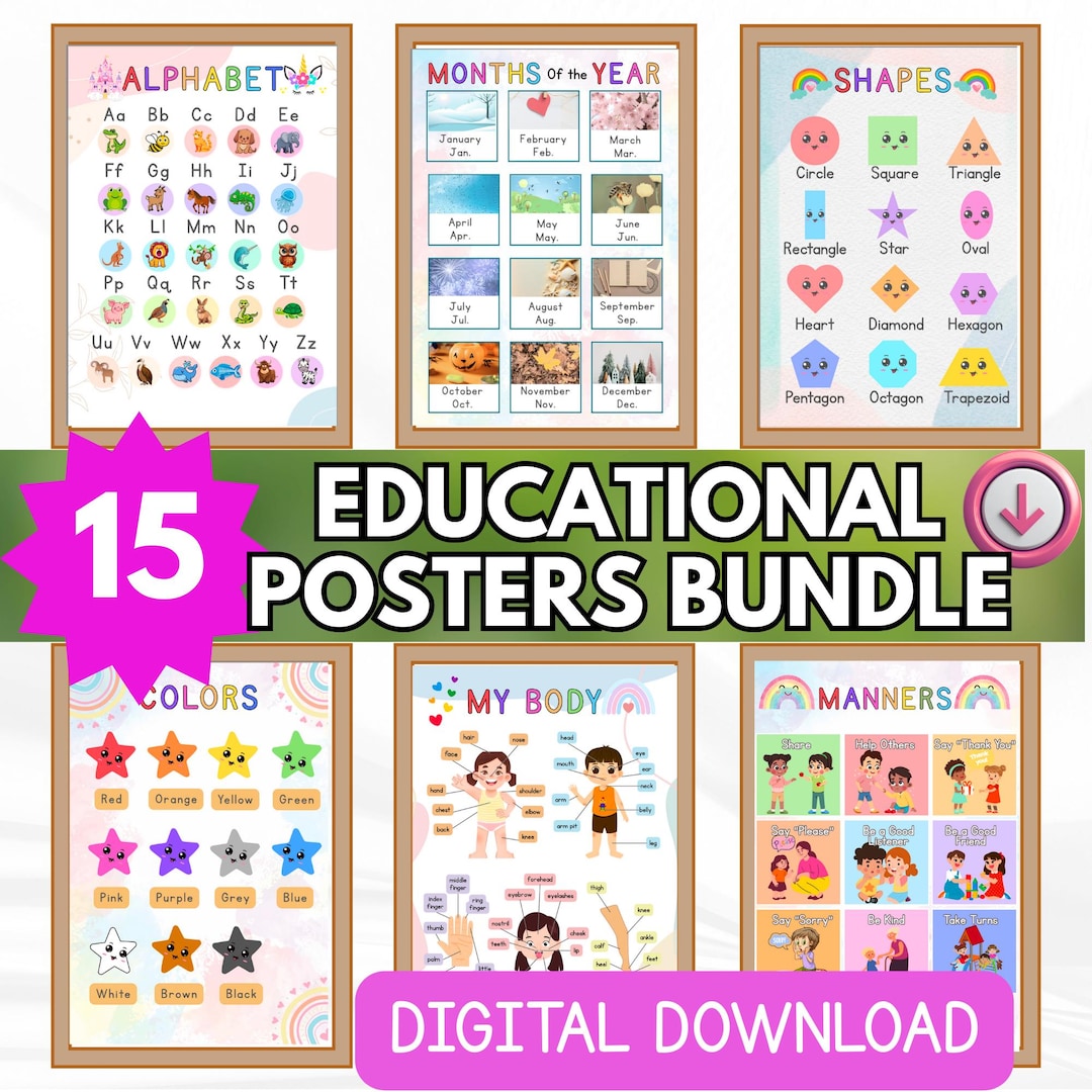 Educational Posters: Alphabet, Numbers, Shapes (printable PDF) - Etsy