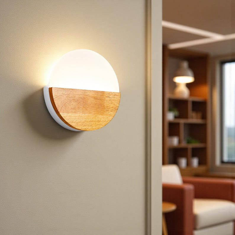 Modern Round Wooden Wall Lamp: Minimalist LED Sconce - Etsy