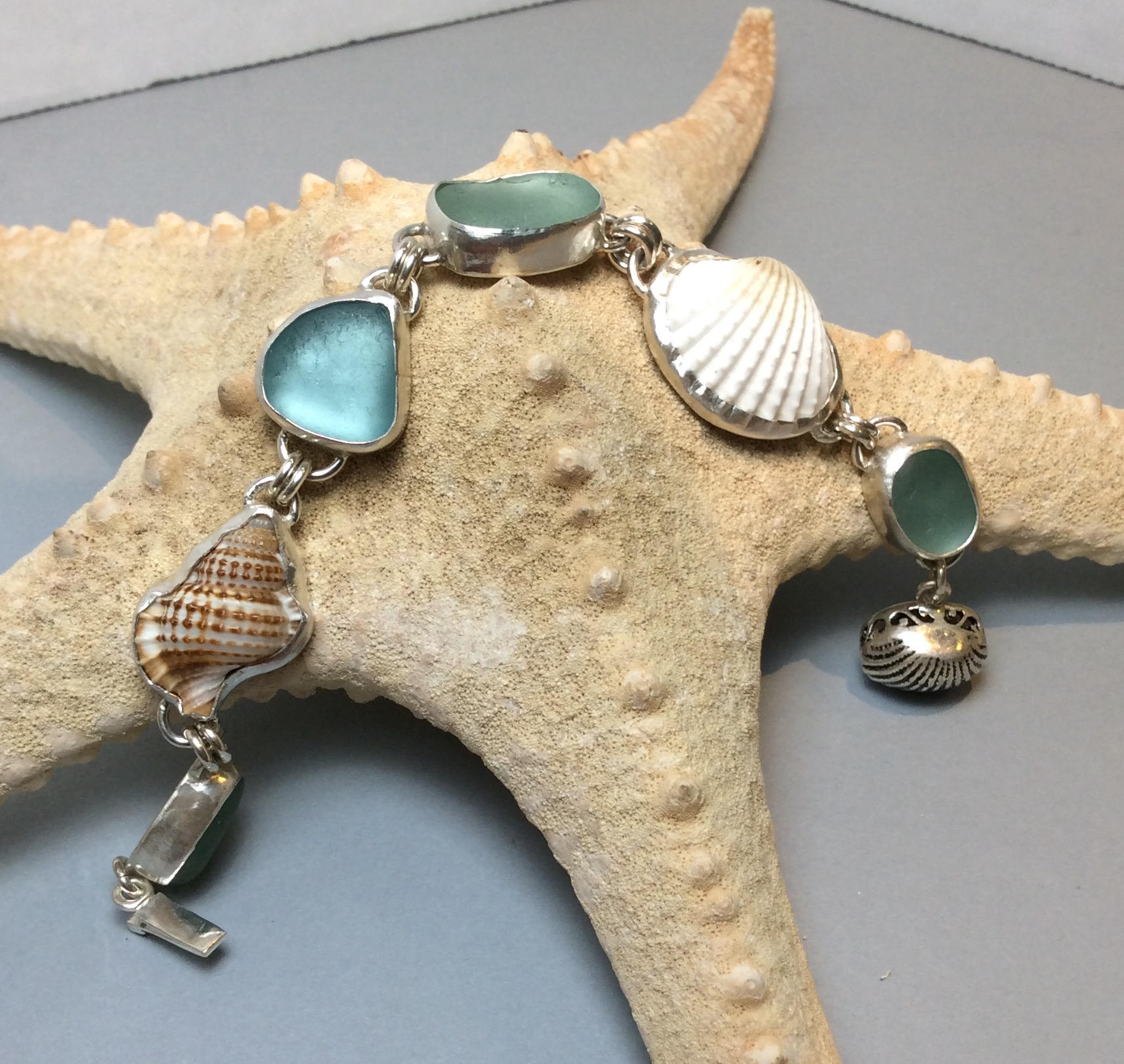 Seaglass and shell Sterling silver bracelet