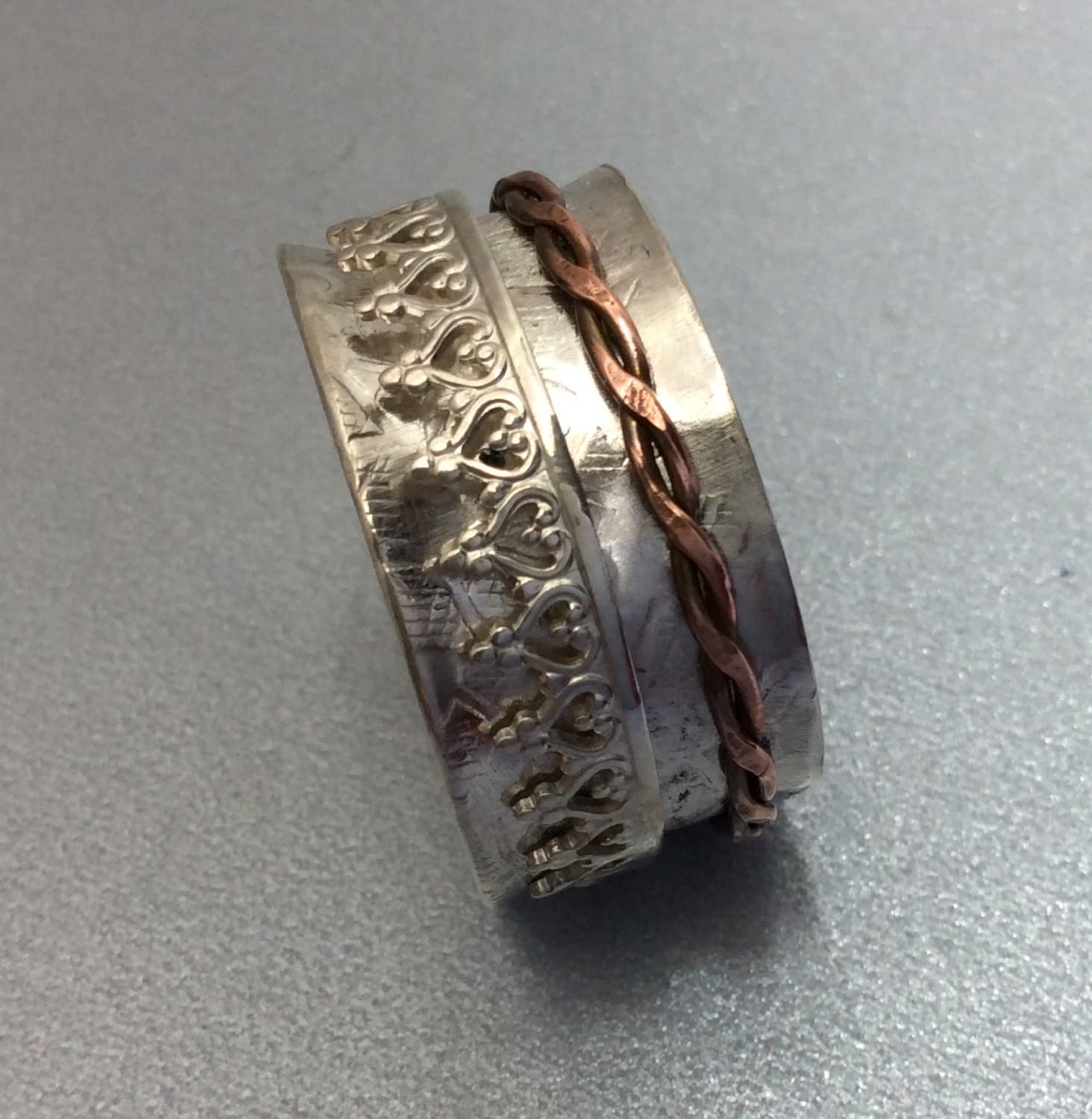 Sterling silver spinner ring with copper and Sterling spinners