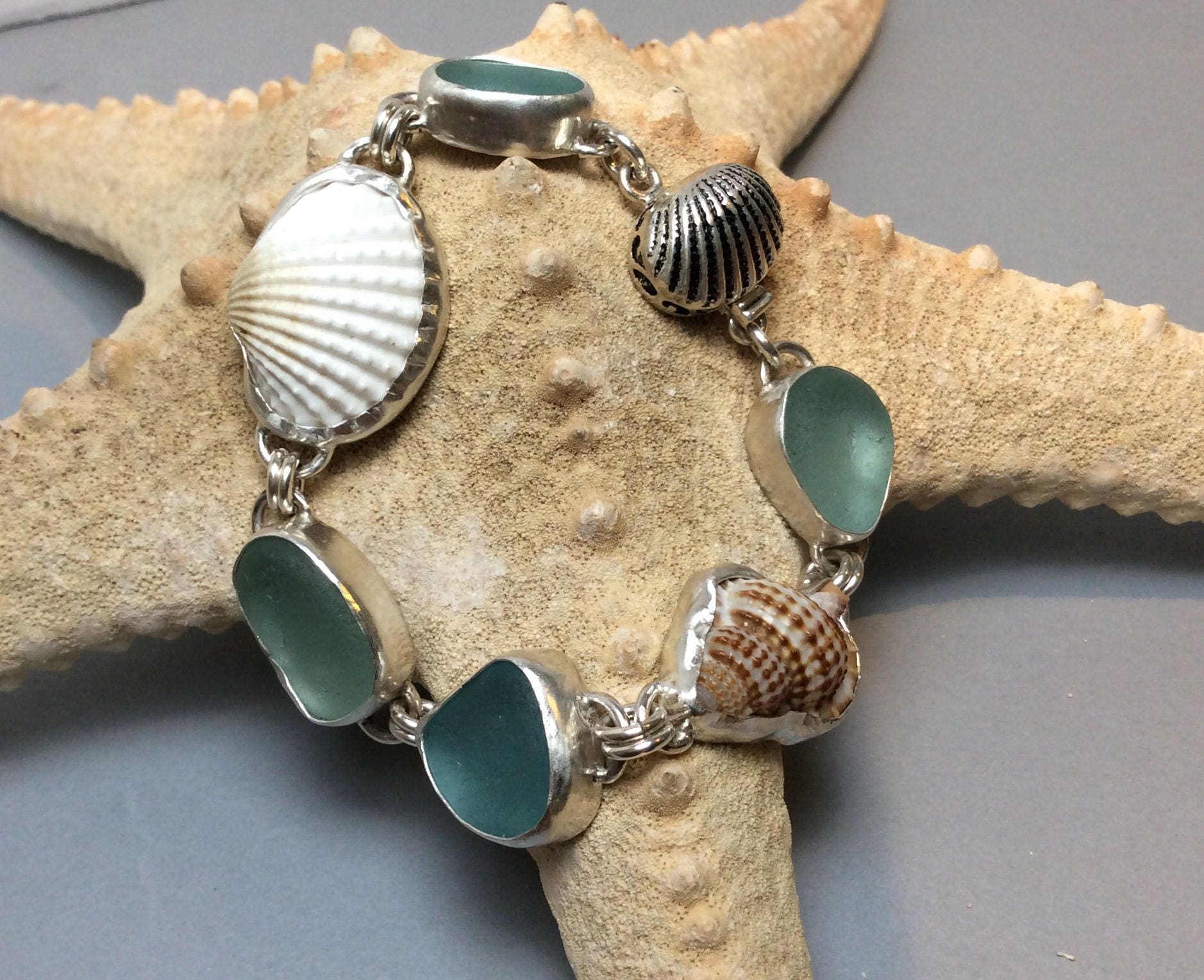 Seaglass and shell Sterling silver bracelet