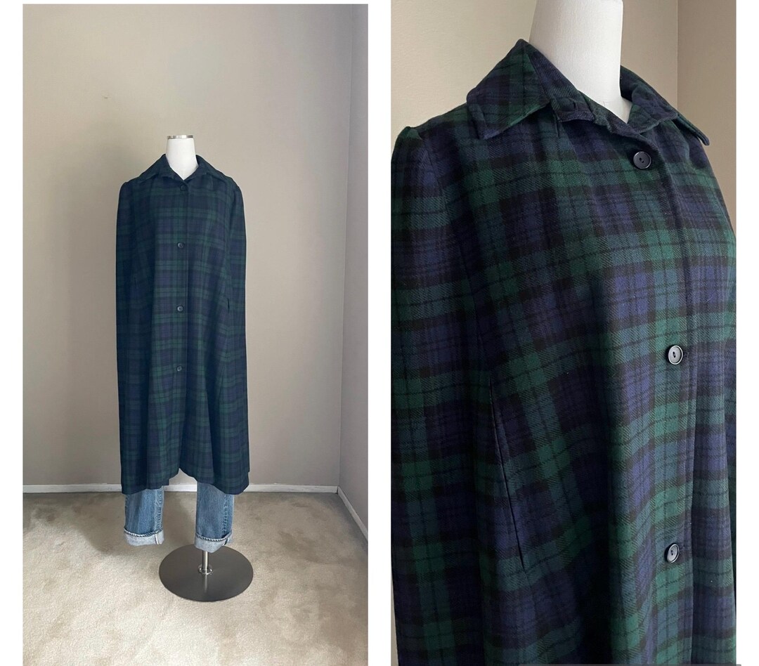 Vintage 80s Highlander Blue Green Black Tartan Wool Jacket Cloak, Black ...