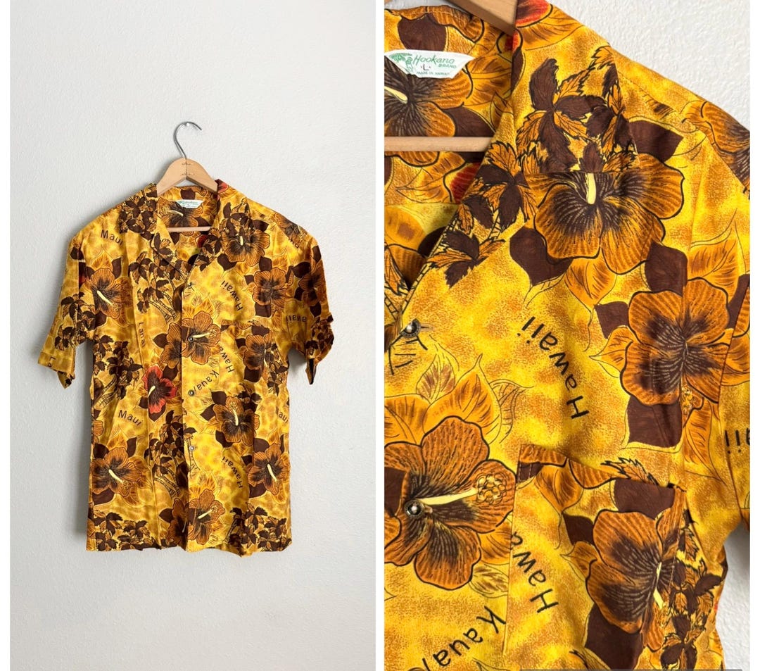 Vintage 50s Brown Yellow Floral HOOKANO Tiki Luau Camp Hawaiian Shirt ...