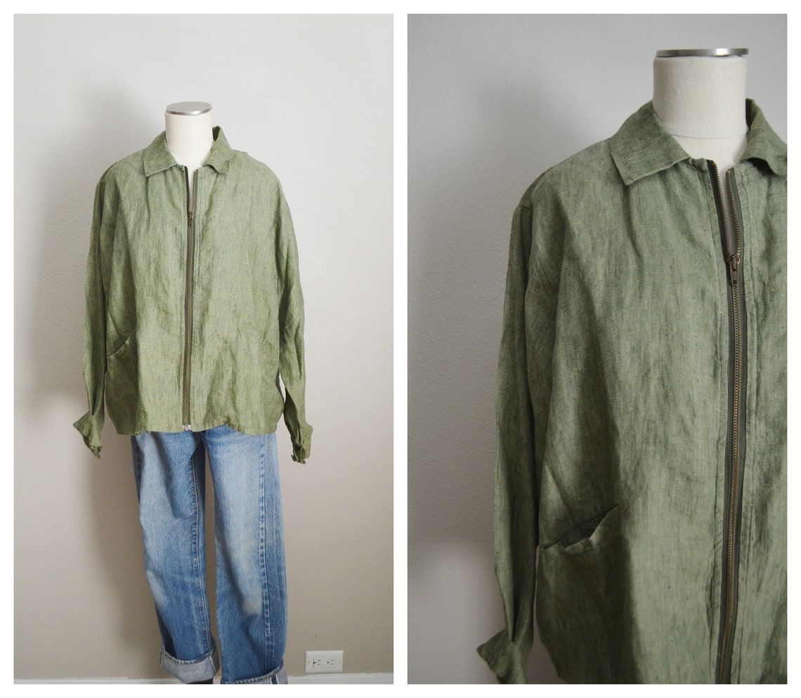 Green Linen Jacket / Vintage 90s Olive Green FLAX Linen Jacket | Etsy