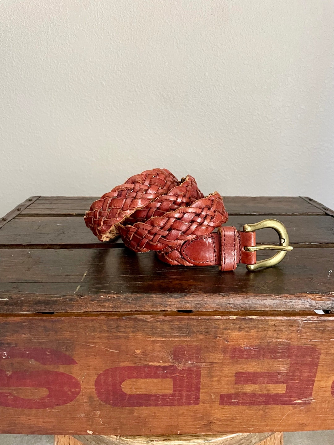 Vintage 80s 90s Merona Marrón Cuero Tejido Cinturón mujer grande 34/36 ...