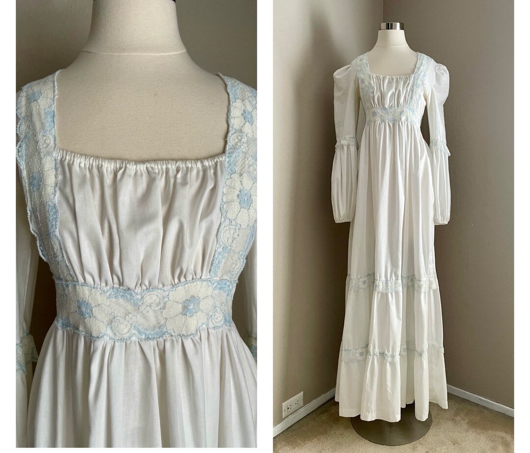 Vintage 1970s Prairie Peasant Bohemian White Dress With Blue Lace Boho ...
