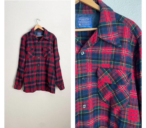 Vintage 70s Pendleton Red Blue Green Plaid Wool Board… - Gem