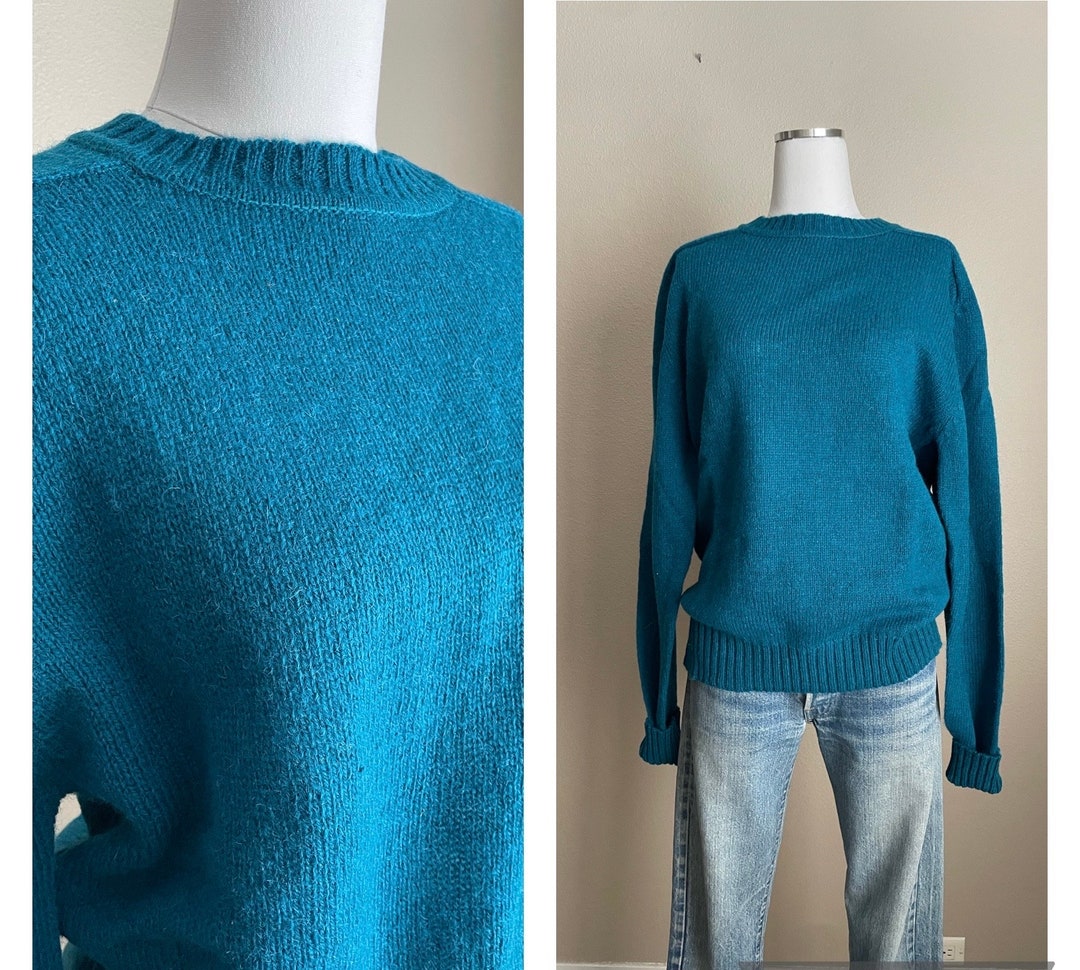 Vintage 80s Crew Neck Turquoise Blue Shetland Wool Deadstock Classic ...