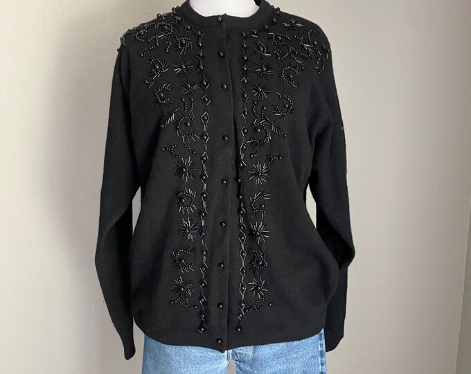 Vintage 80s Does 50s Black Beaded Holiday Fancy Cardigan Sweater ...