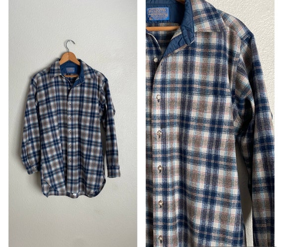 vintage 70s 80s tan blue plaid wool Lodge PENDLETON s… - Gem