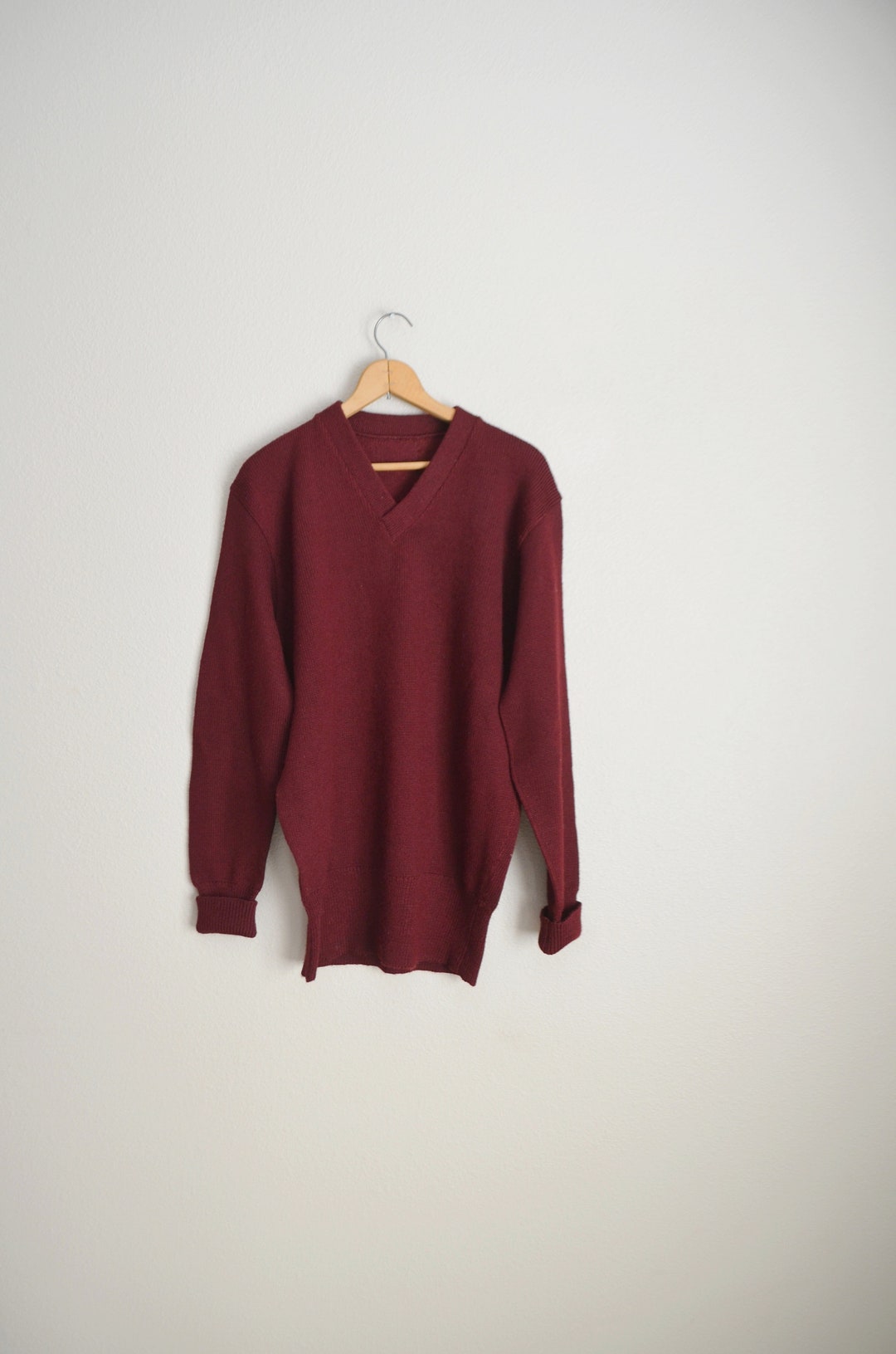 Vintage 40s 50s Burgundy Red Wool Pullover V-neck Classic Letterman Style Sweater Men's Small ...