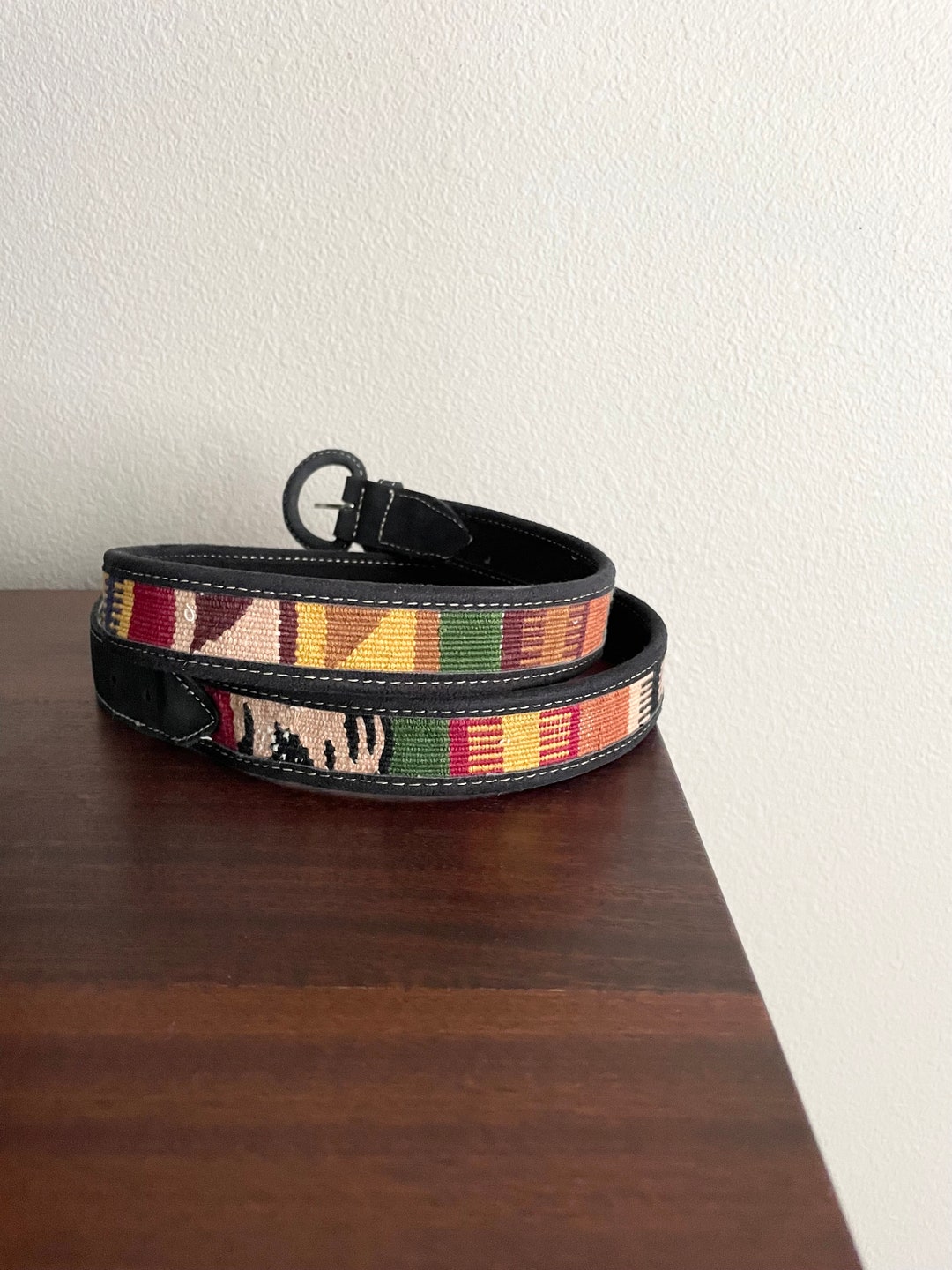 Vintage Ethnic Woven Guatemalan Canvas Leather Belt Colorful Belt ...