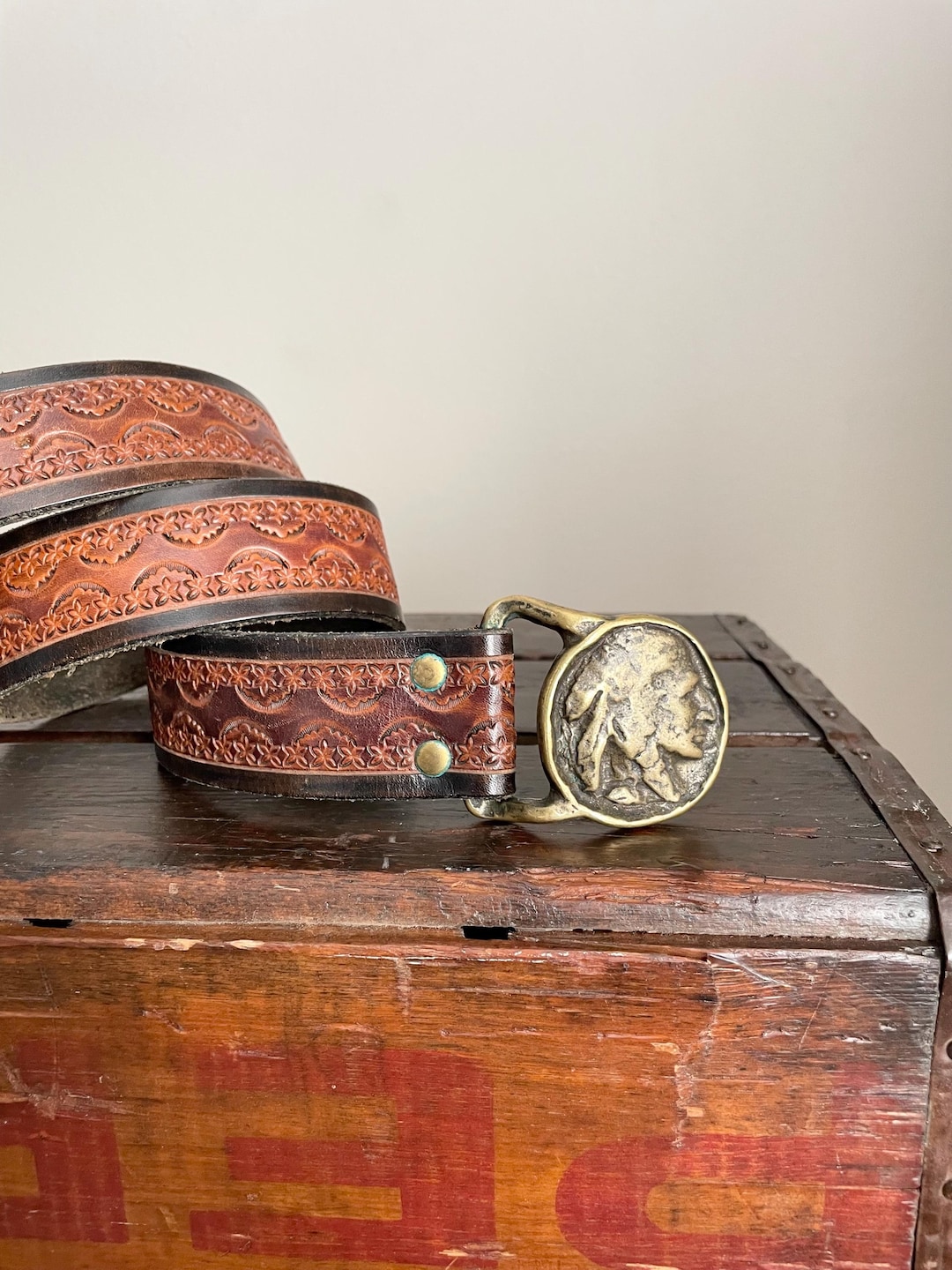 Vintage 70s Leather Tooled Belt With Brass Indian Head Buckle / Unisex ...