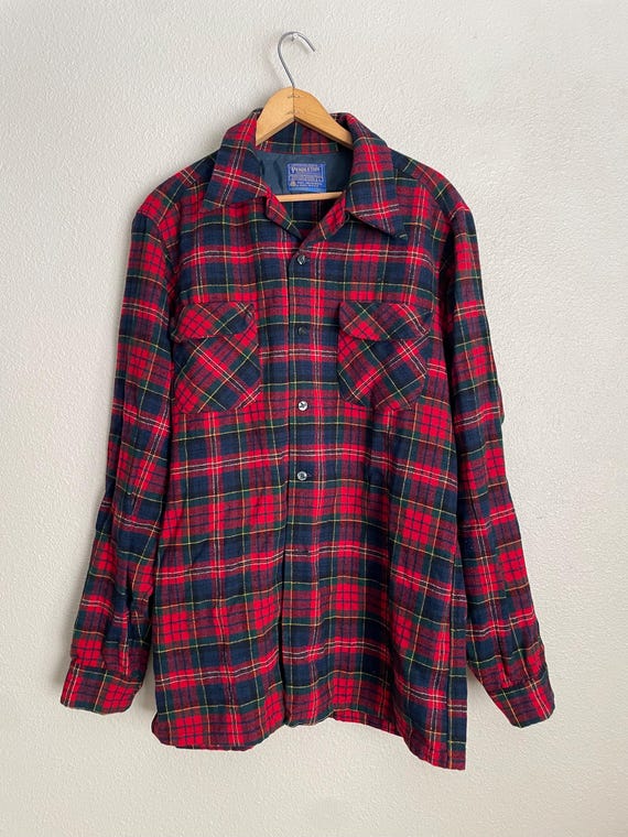 Vintage 70s Pendleton Red Blue Green Plaid Wool Board… - Gem