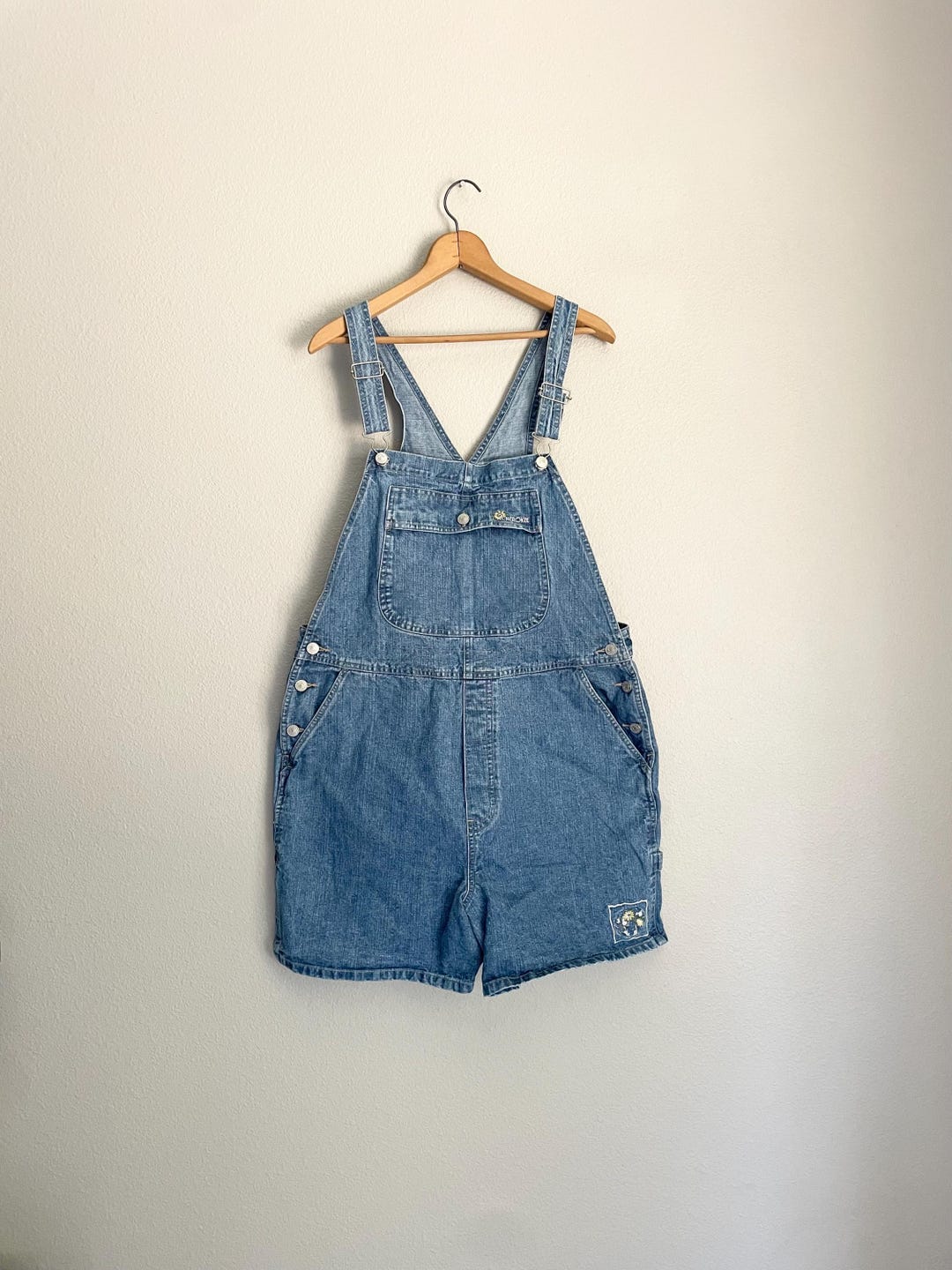 Vintage 90s Cherokee Denim Embroidered Jean Overall Shorts Bib Dungaree ...