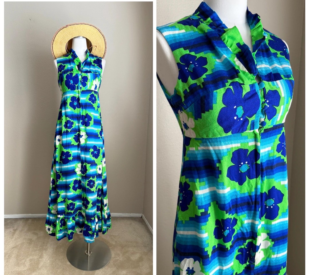 Vintage 60s Floral Dayglo Blue Green Cotton Dael's Casuals Hawaiian ...
