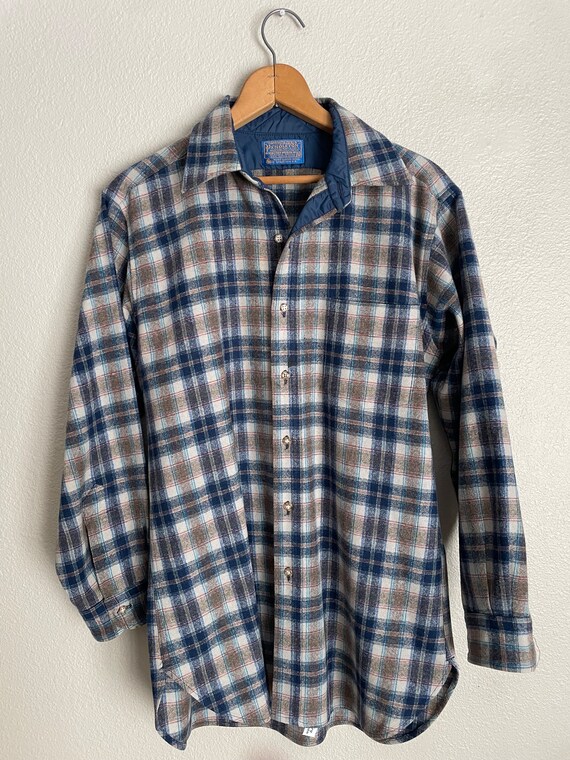 vintage 70s 80s tan blue plaid wool Lodge PENDLETON s… - Gem
