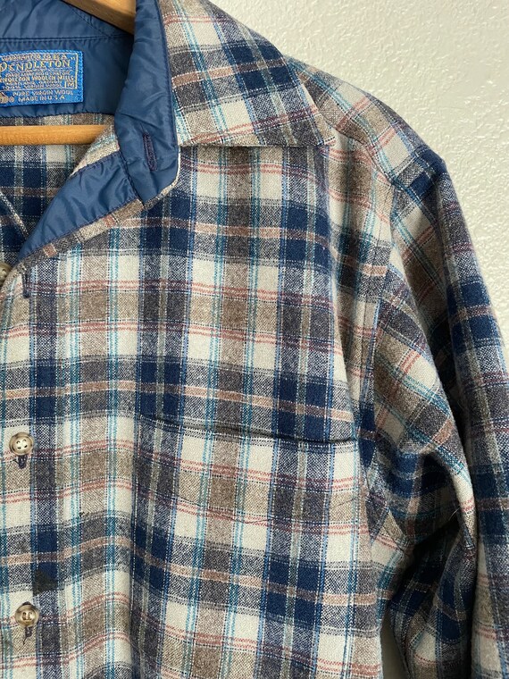 vintage 70s 80s tan blue plaid wool Lodge PENDLETON s… - Gem