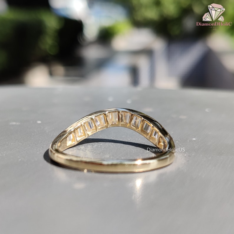 Tapered Baguettes Moissanite Curved Wedding Band, Gold Chevron Stacking ...