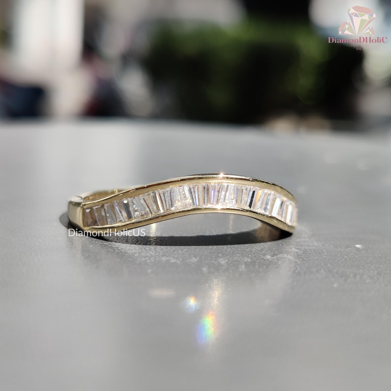 Tapered Baguettes Moissanite Curved Wedding Band, Gold Chevron Stacking ...