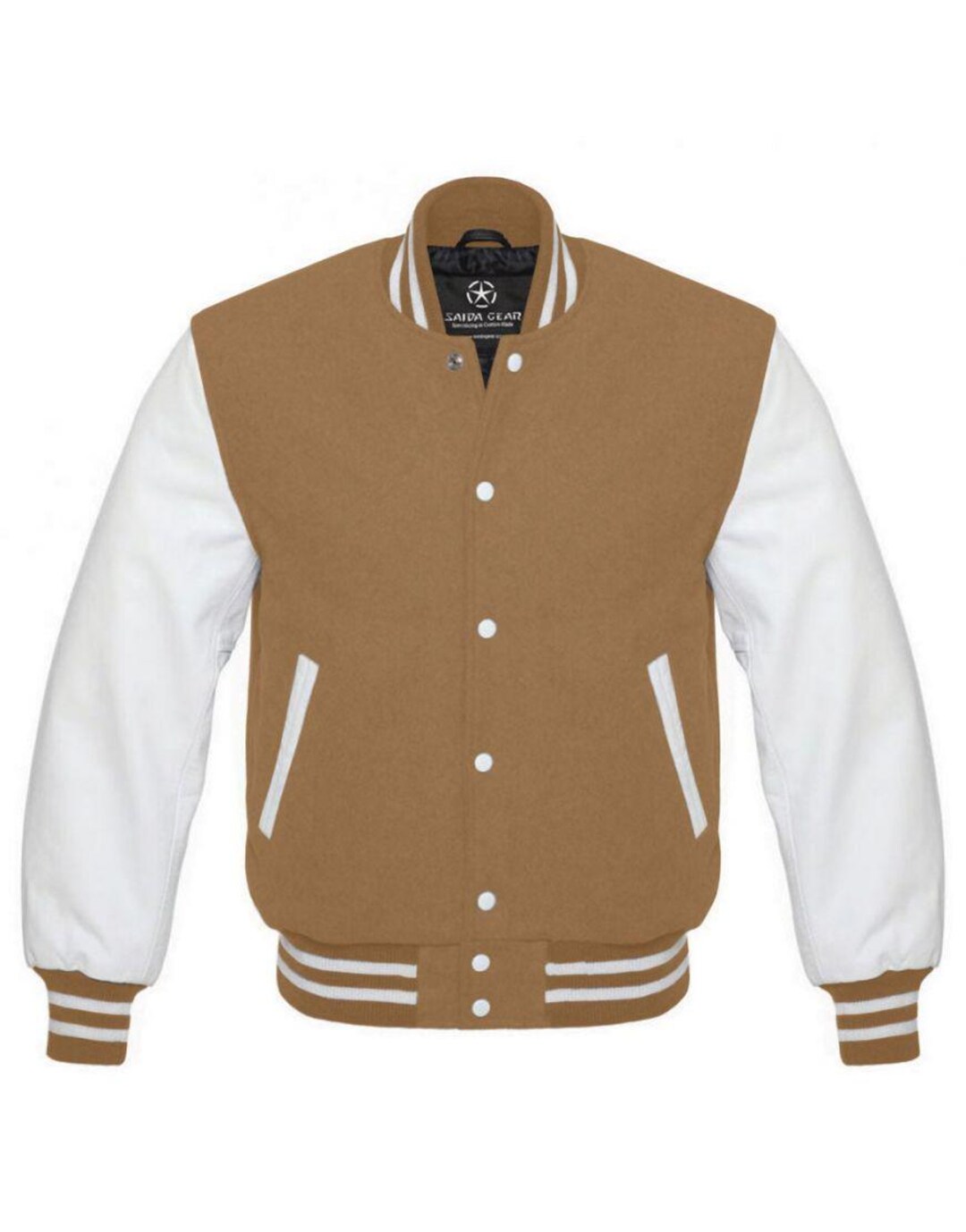 Custom Beige Varity Jacket Mens Handmade Vintage Fashion Tan Letterman ...