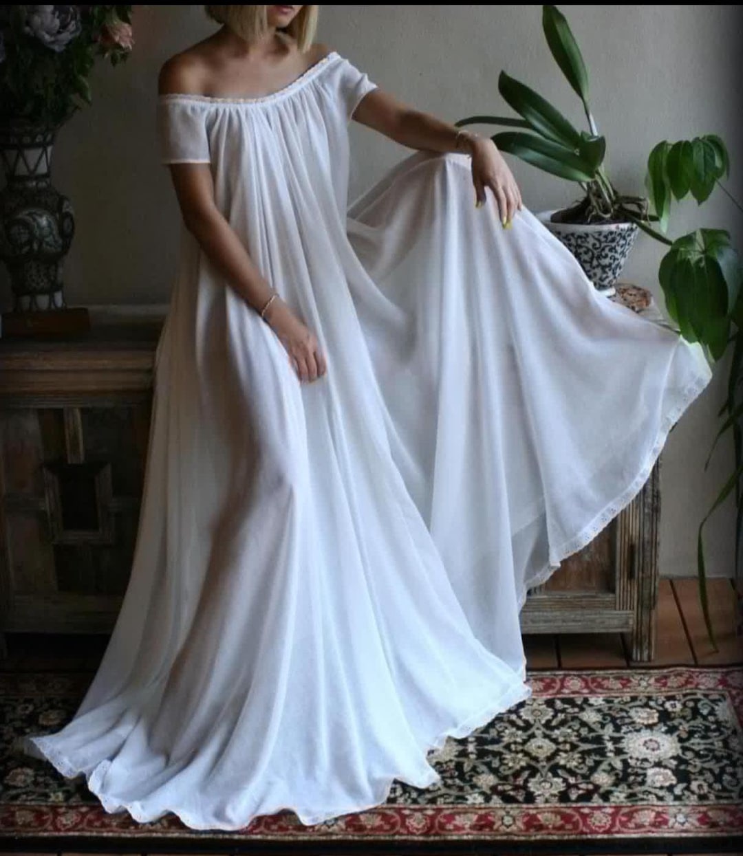 Vintage Inspired White Cotton Nightgown – off Shoulder Ethereal ...