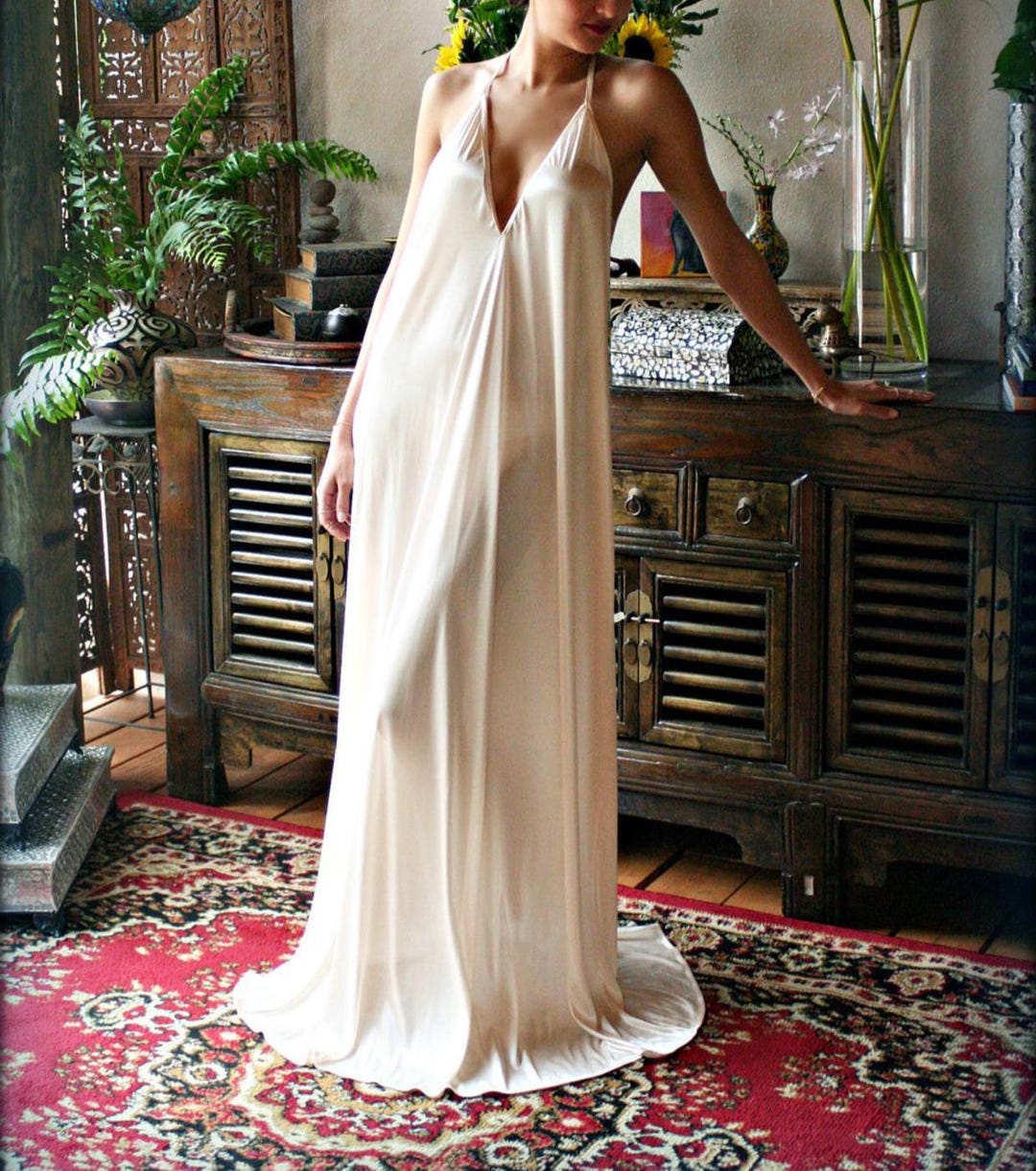 Satin Backless Romantic Nightgown Full-length V-neck With Tie Strings ...