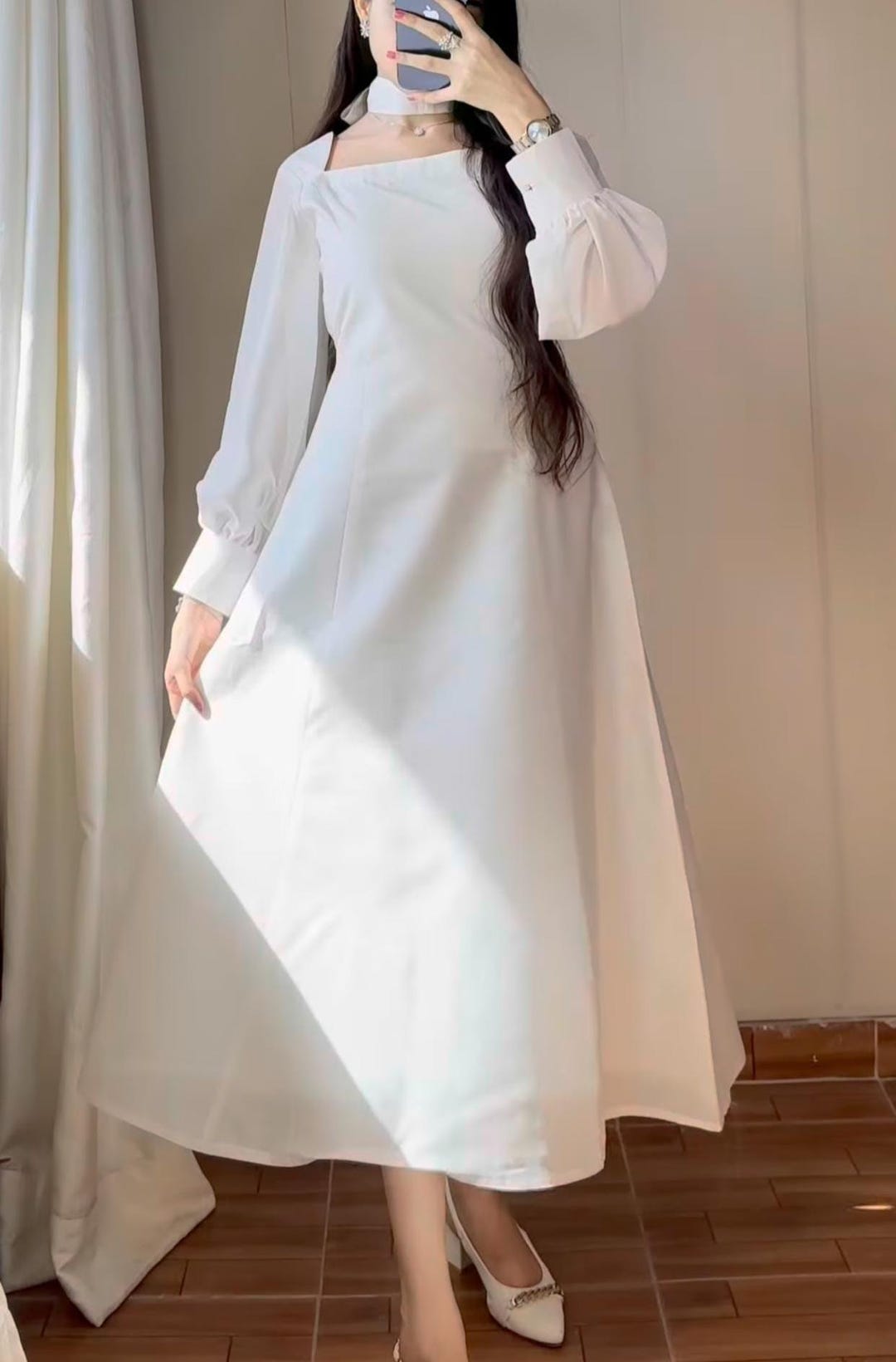 Long Sleeve Luxury White Silk Square Neck Midi Dress | Elegant ...