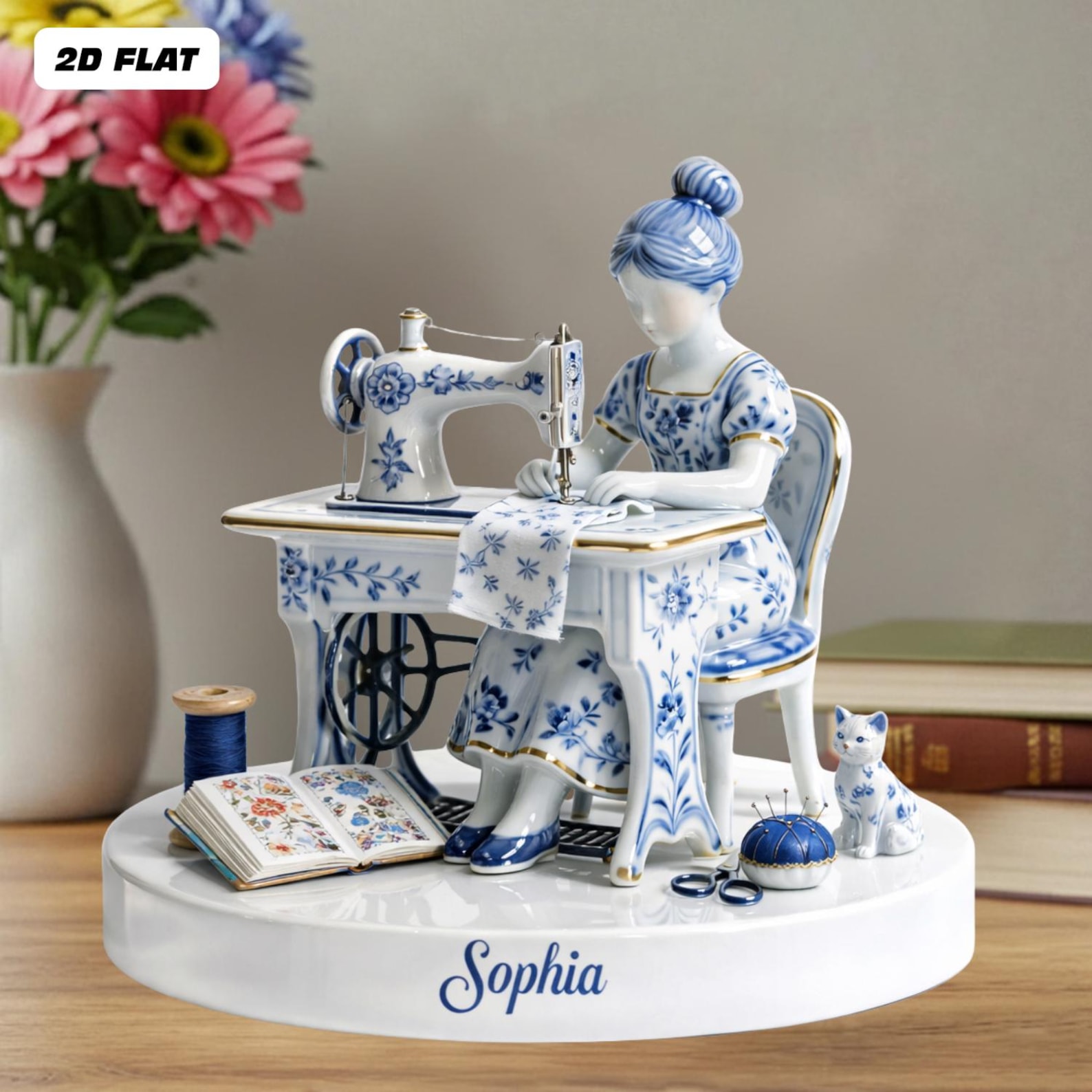 Personalized Sewing Girl Figurine 2D Flat Acrylic Plaque, Custom Name ...