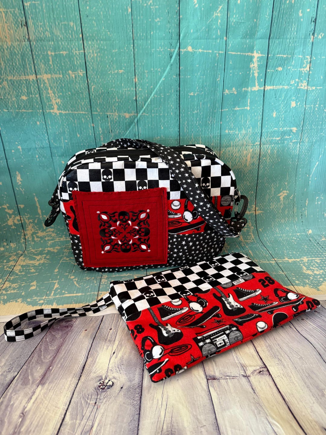 Skull & Rock Music Crossbody Bag Set: Embroidered Pocket, Red Black ...