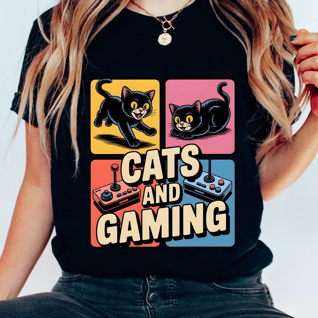 Funny Cats and Gaming PNG, Cute Black Cat Gamer Digital File, Retro ...