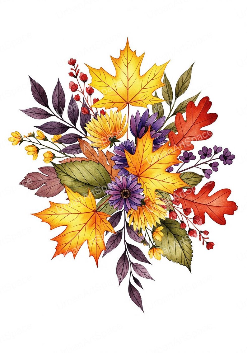 Watercolor Autumn Bouquet Clipart: Fall Leaves Illustration (10pcs, JPG ...