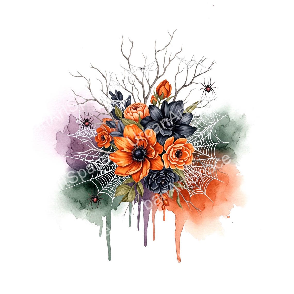 Halloween Flower Clipart: Autumn Watercolor Bouquet (digital Download ...