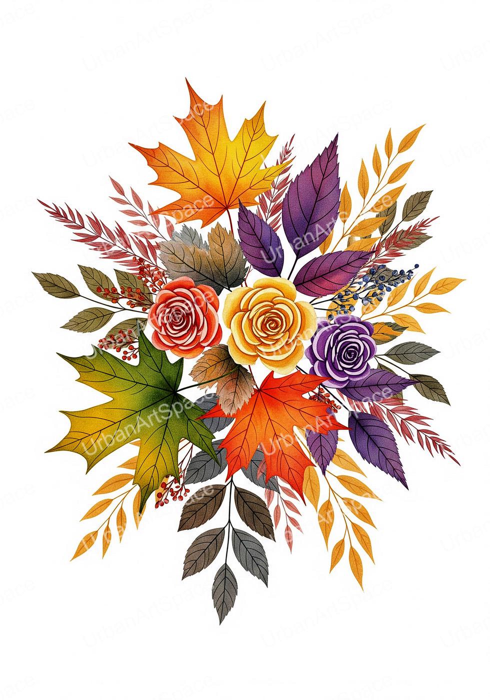 Watercolor Autumn Bouquet Clipart: Fall Leaves Illustration (10pcs, JPG ...