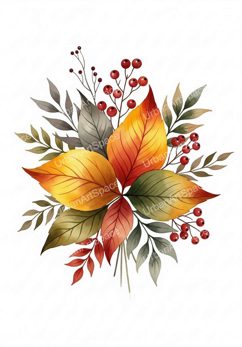 Watercolor Autumn Bouquet Clipart: Fall Leaves Illustration (10pcs, JPG ...