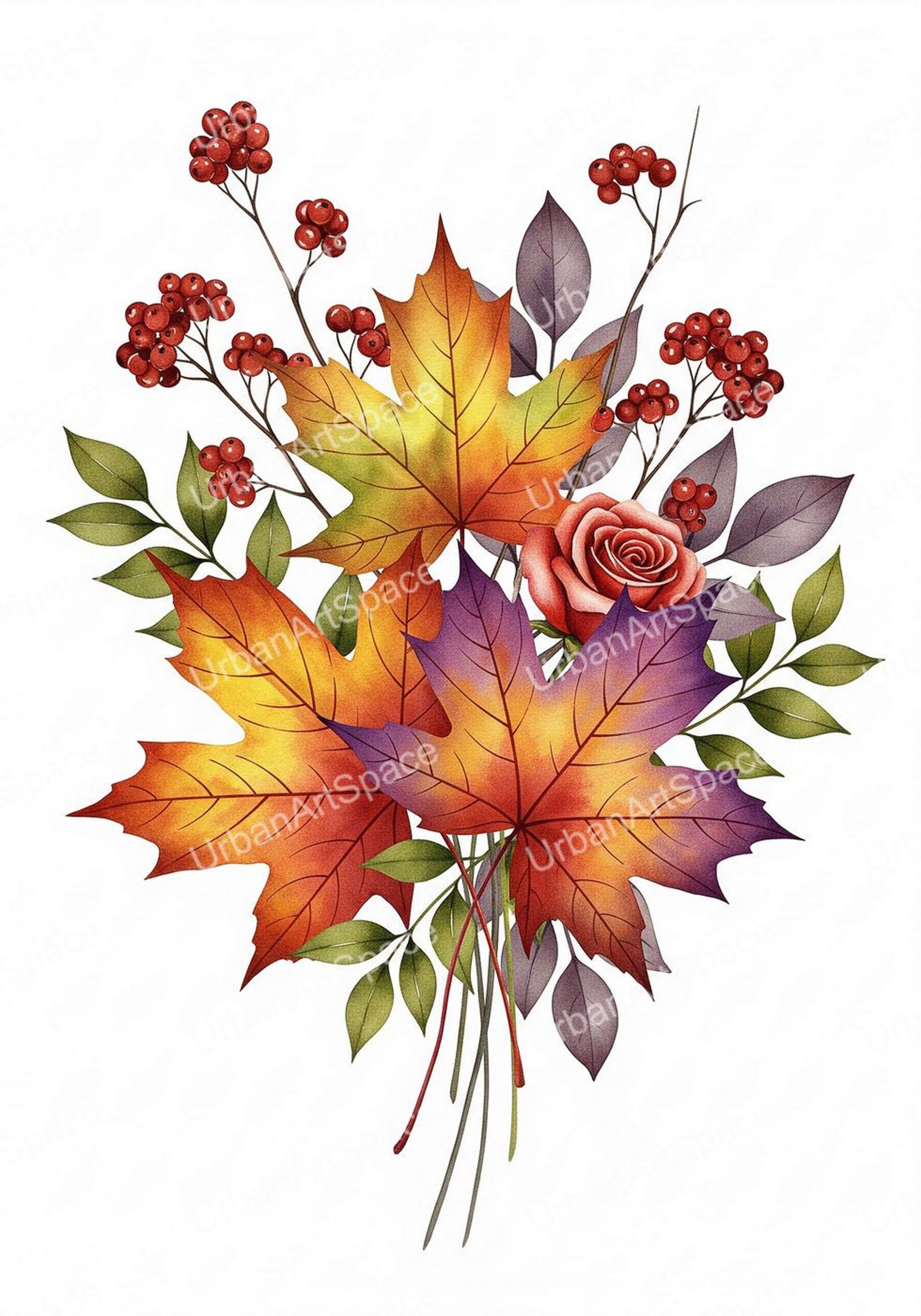 Watercolor Autumn Bouquet Clipart: Fall Leaves Illustration (10pcs, JPG ...