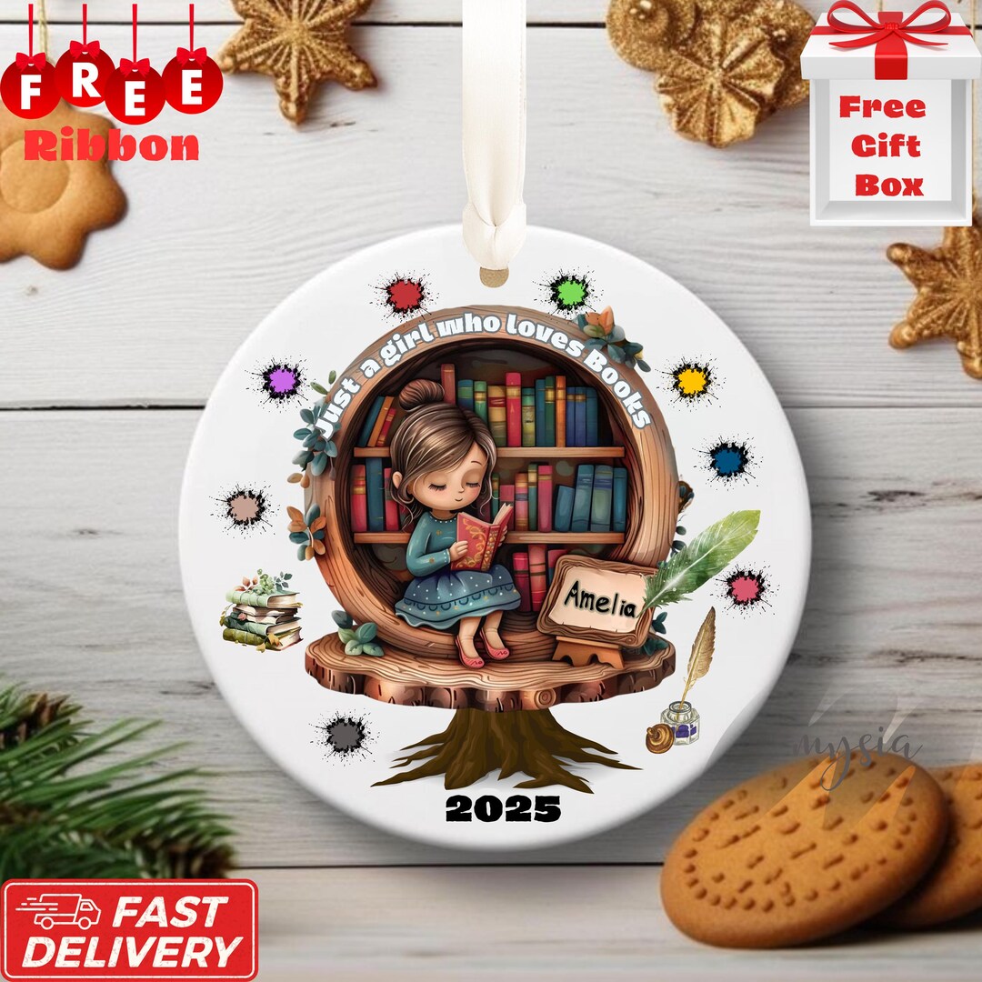 Personalized Bookworm Ornament, Custom With Name Girl Reading in Tree ...